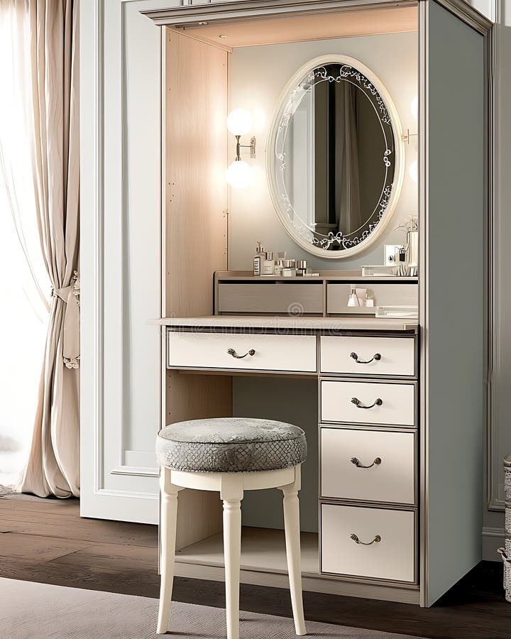 A Vanity with a Mirror and a Stool Stock Image - Image of gold, table ...