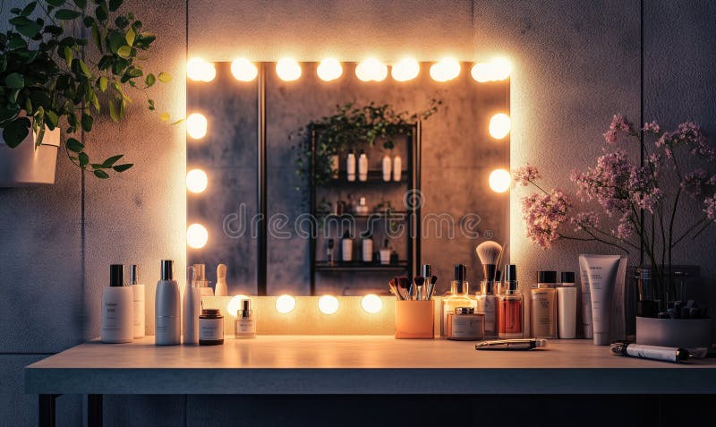 Vanity Mirror with Warm Lights, Beauty Products, and Plants Stock Photo ...