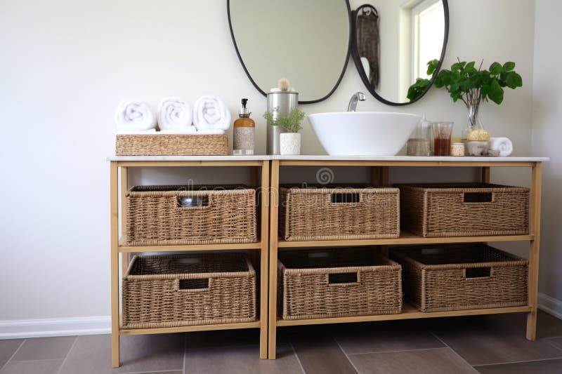 Vanity with Open Shelves Holding Wicker Baskets Stock Illustration ...