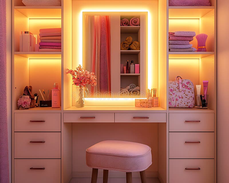 A Vanity with a Pink Stool and a Pink Mirror Stock Image - Image of ...