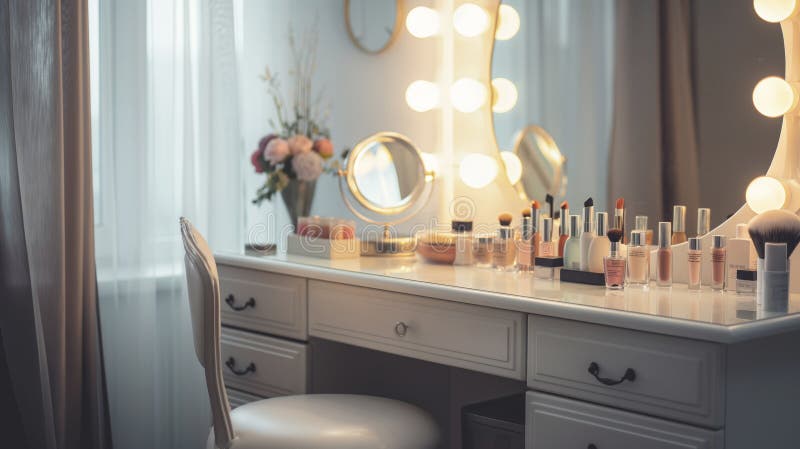 Vanity Table with a Large Mirror Framed by Lights, Adorned with Makeup ...