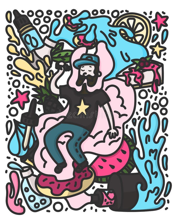 Vape Doodle Style Illustration. Vaping Hipster with Beard on the Cloud ...