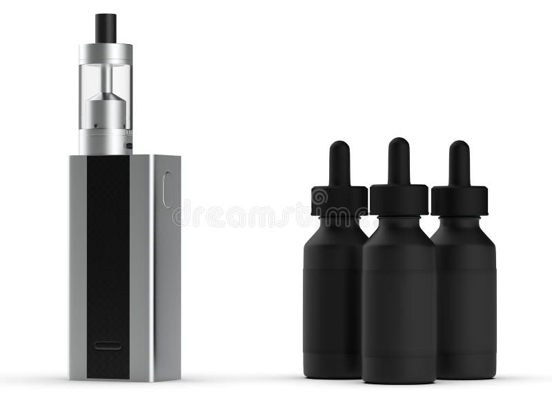 Vaping Mod E-cig with Tank Atomizer and Juice Bottles. 3d Illustration ...