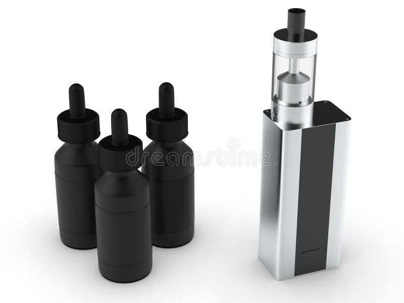 Vaping Mod E-cig with Tank Atomizer and Juice Bottles. 3d Illustration ...