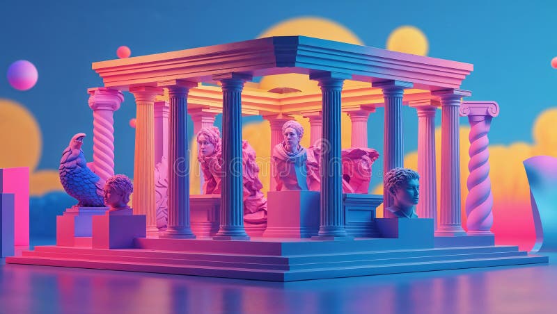 Vaporwave Ancient Temple Exhibiting Classical Sculptures and Columns ...