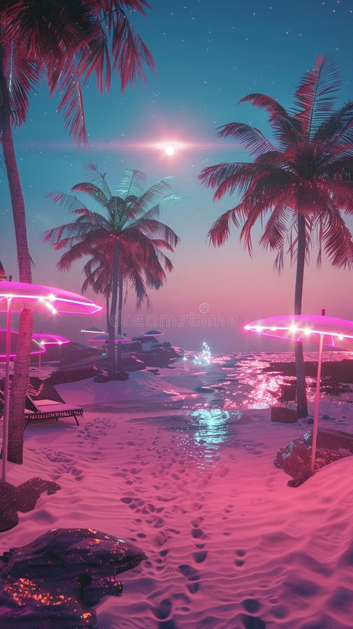 Vaporwave Beach Scene with Neon Umbrellas and Palm Trees Stock ...