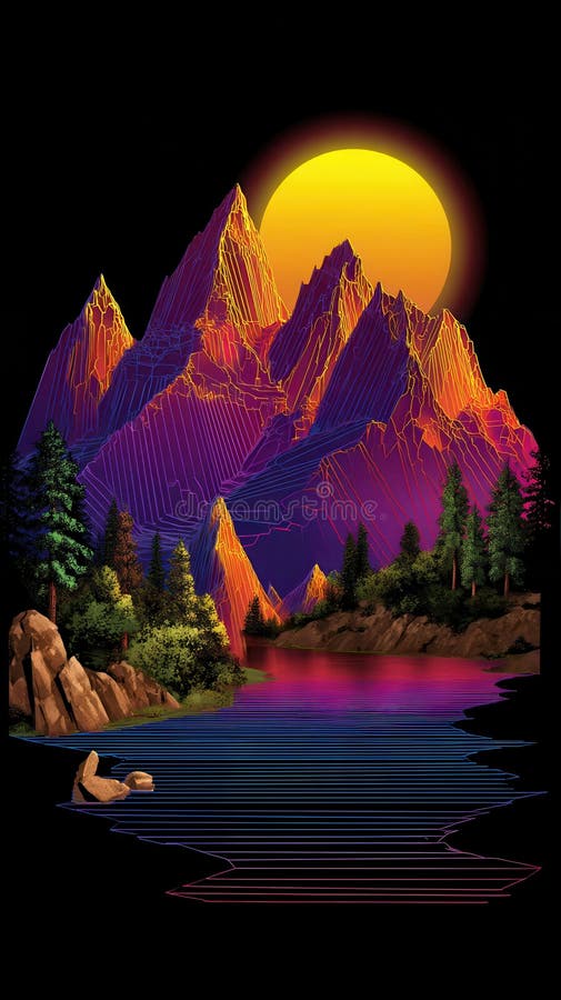 Vaporwave Landscape Illustration with Mountains, Trees, Sunset, and ...