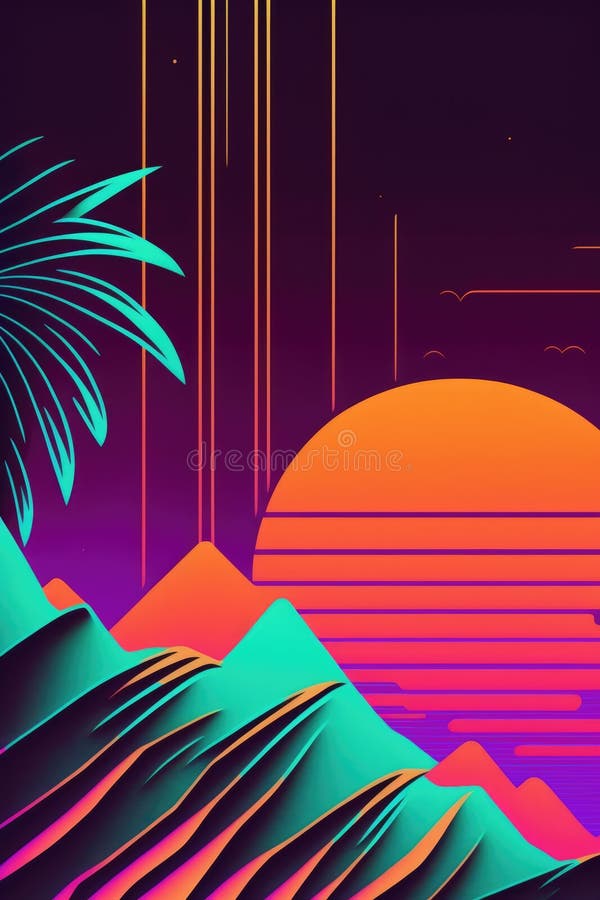 Vaporwave Landscape with Mountains, Palm Tree and Sun, Created Using ...
