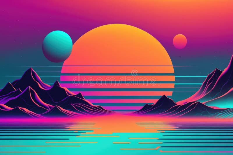 Vaporwave Landscape with Mountains, Sea and Sun, Created Using ...