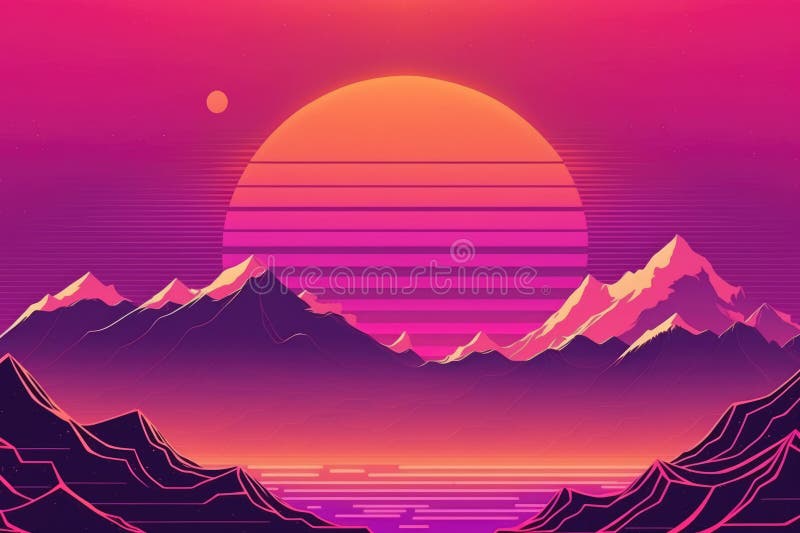 Vaporwave Landscape with Mountains and Sun, Created Using Generative Ai ...