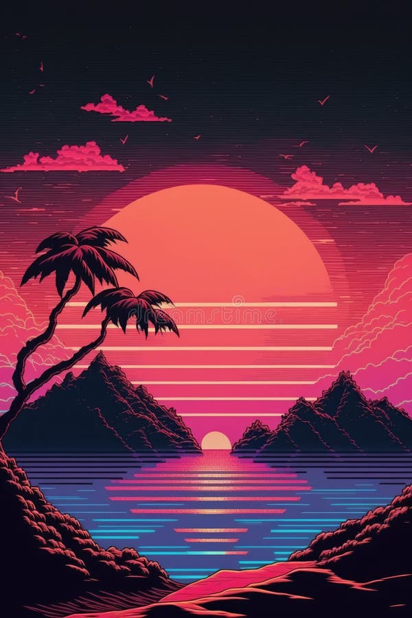Vaporwave Landscape with Sun and Palm Trees, Created Using Generative ...