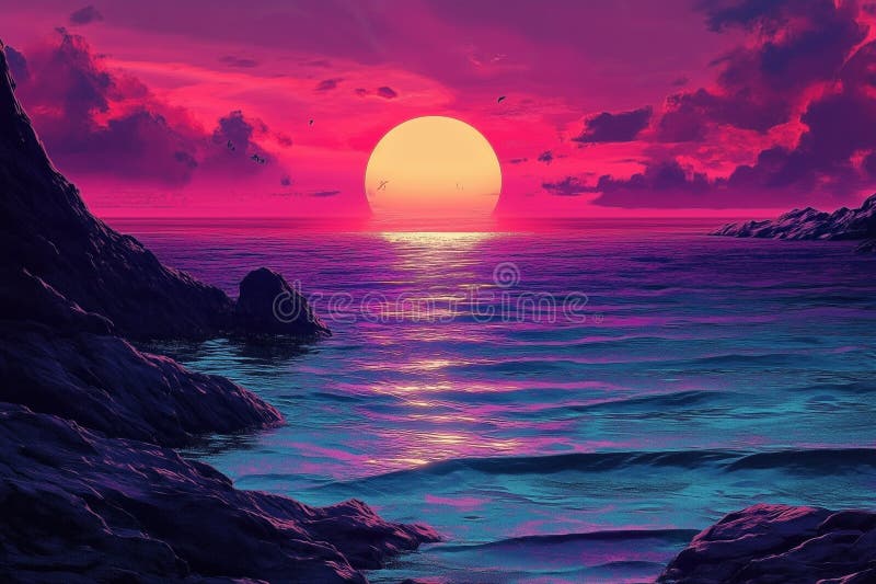 Vaporwave and Retrowave Style of Sea Sunset Ai Illustration Stock ...