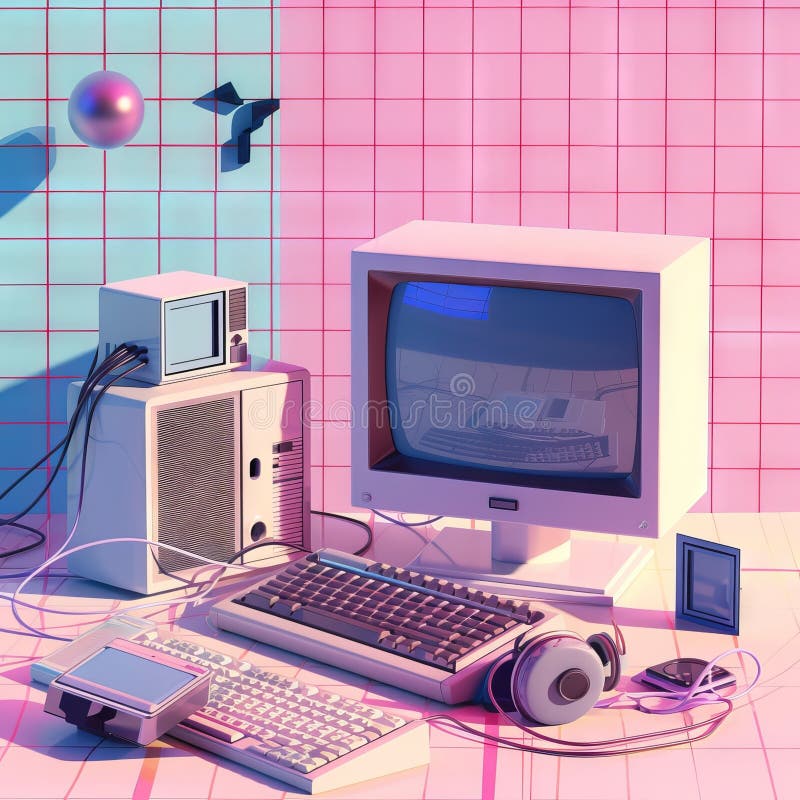 Vaporwave Style AI Shadow Alongside Retro Tech Gadgets Stock ...