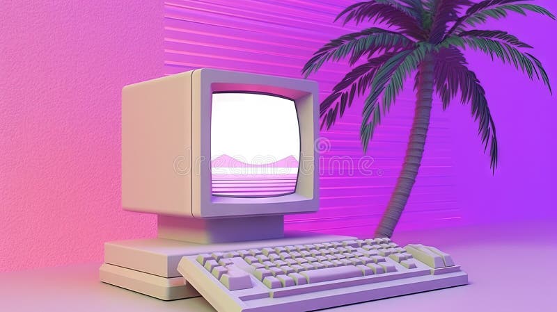 Vaporwave Styled Scene with Computer and Palms in Purple Color. Stock ...