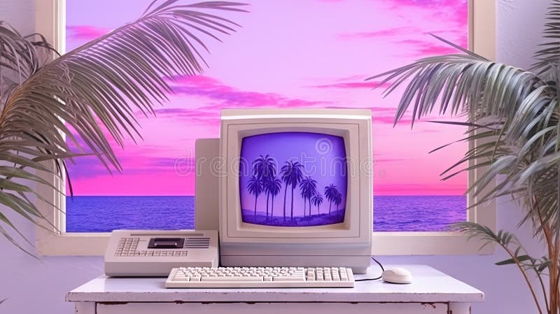 Vaporwave Styled Scene with Computer and Palms in Purple Color Stock ...