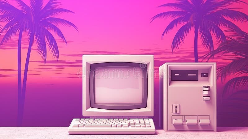 Vaporwave Styled Scene with Computer and Palms in Purple Color Stock ...