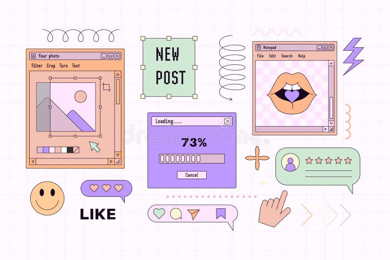 Vaporwave Template Boxes and Interfaces Elements. Retro Desktop with ...