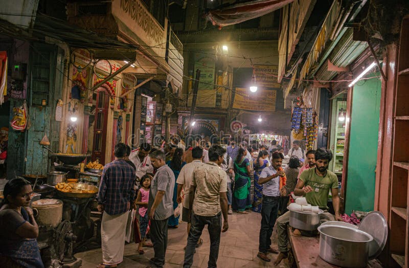 Varanasi Streets at Night Time Editorial Stock Image - Image of market ...