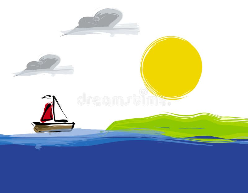 Boot Op Zee Golven, Zon, Hemel En Wolk Vector Illustratie ...