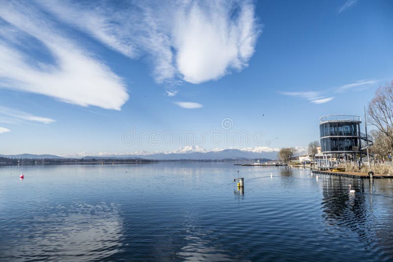The Varese Lake with the Alps in Background Stock Photo - Image of boat ...