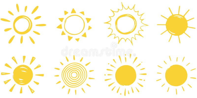 Variants of the Drawn Sun. Vector Yellow Sun of Stylish Children S ...