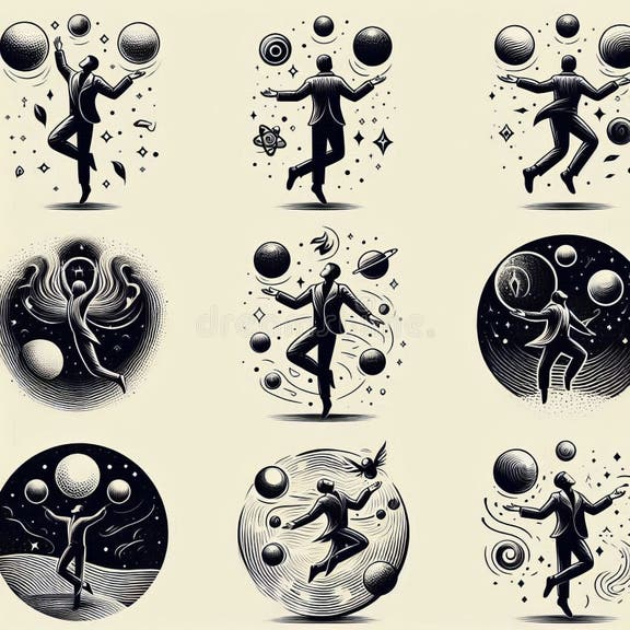 Variants of Illustrations Man Dancing with Floating Objects Stock ...