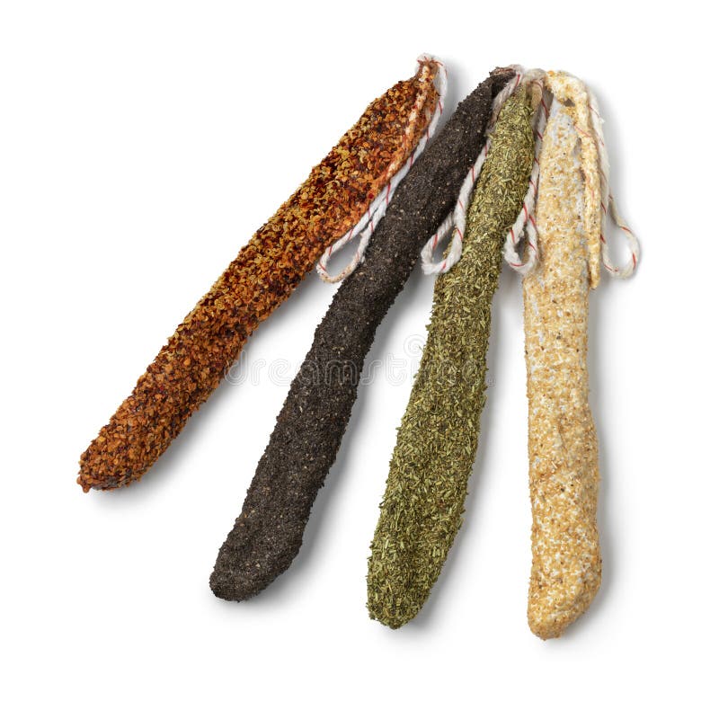 Variaton of Traditional Spanish Fuet Close Up on White Background Stock ...