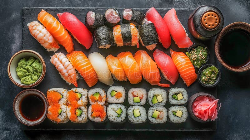 Varied Assortment of Sushi Served on a Black Rectangular Platter at a ...