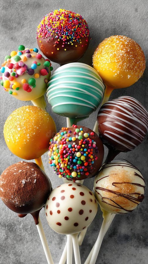 A Varied Collection of Creatively Designed Cake Pops on White Sticks Presents an Eye-catching ...