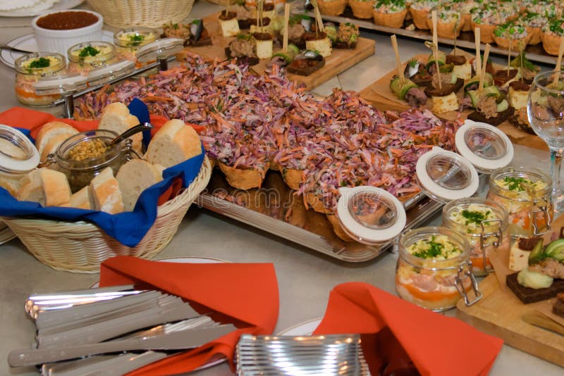 Varied food buffet table. stock photo. Image of hotel - 139001952
