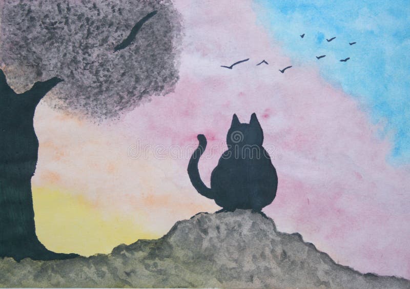 Cat at the sunset stock illustration. Illustration of artist - 150720281
