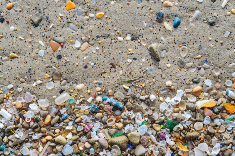 Varied Microplastics and Debris Scattered on Beach Sand Stock ...