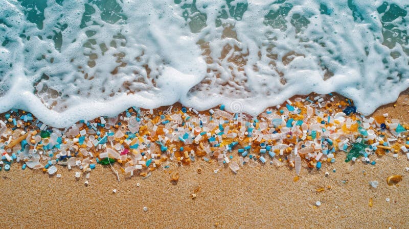 Varied Microplastics and Debris Scattered on Beach Sand Stock ...