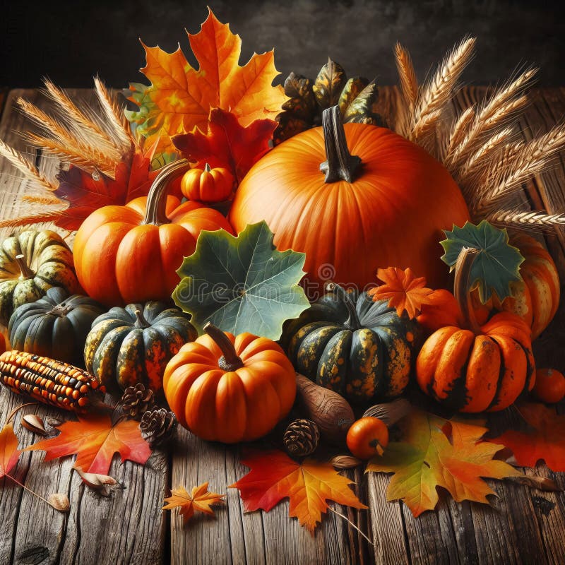 Varied Pumpkins, Wheat, and Maple Leaves Surround a Rustic Clay Pitcher ...
