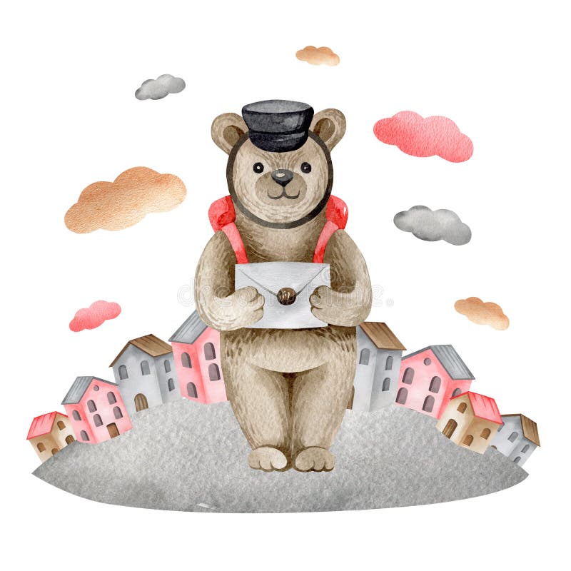 Bear the Postman and His Adventures Watercolor Pattern and Postcard ...
