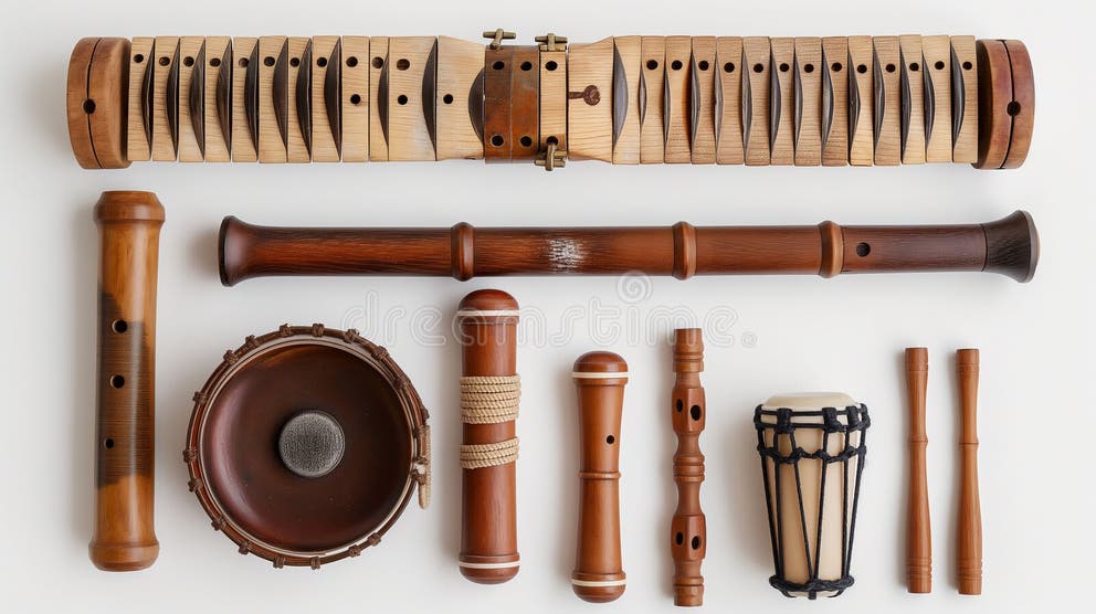 A Varied Set of Wooden Musical Instruments Neatly Arrayed on a White ...