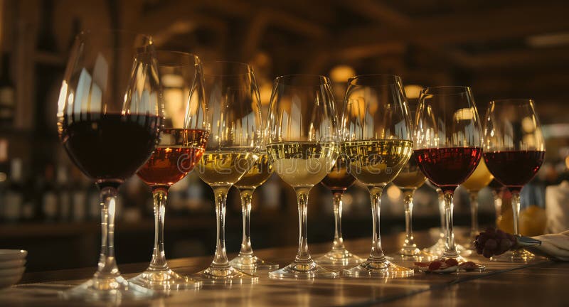 Varied Wine Glasses Filled with Red and White Wine for Tasting Session ...