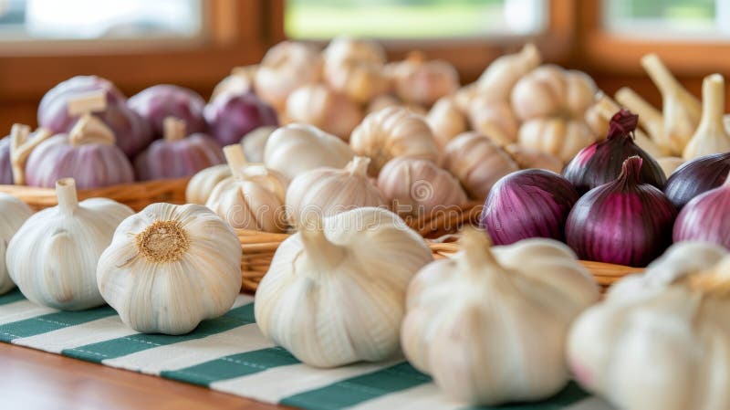 Varieties of Garlic Displayed on Rustic Wooden Surface Stock Image ...