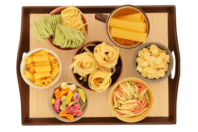 Varieties of Pasta. Types of Pasta in Bowls on a Tray. Isolated on a ...