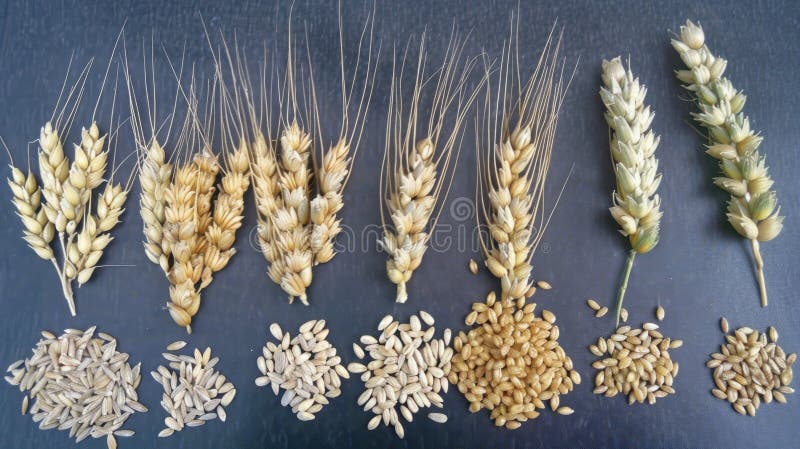 Varieties of Wheat Grains and Spikes Displayed on Dark Surface for ...