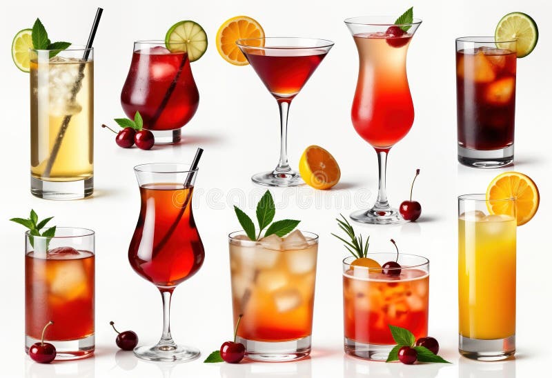 Variety of Alcohol Cocktail Mocktails Presented in Different Glasses ...