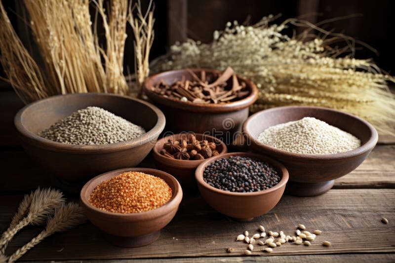 A Variety of Ancient Grains in Rustic Bowls on a Wooden Table Stock ...