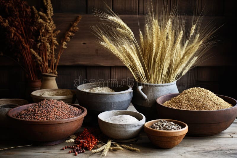 A Variety of Ancient Grains in Rustic Bowls on a Wooden Table Stock ...