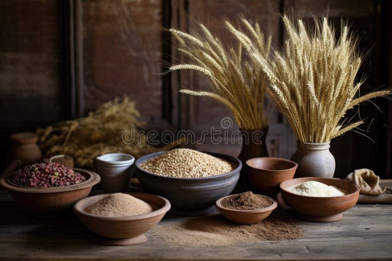 A Variety of Ancient Grains in Rustic Bowls on a Wooden Table Stock ...