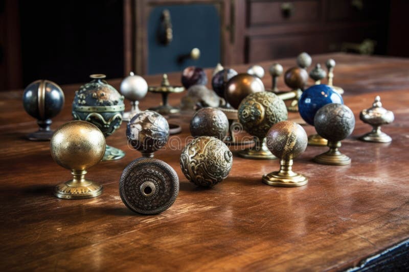 A Variety of Antique Brass Door Knobs Displayed on Table Stock ...