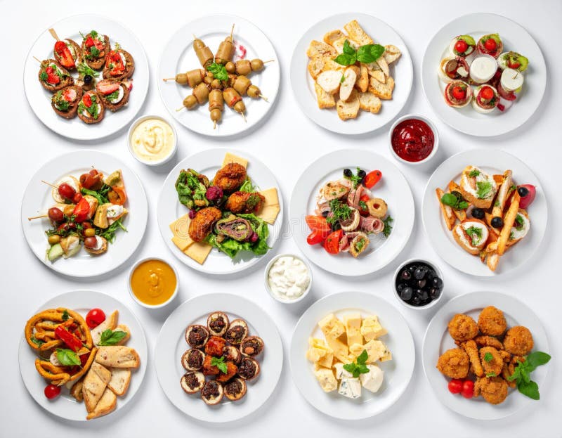 Variety of Appetizers on White Plates Stock Illustration - Illustration ...