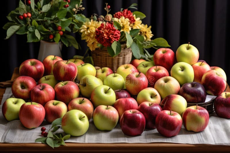 A Variety of Apples in Different Colors Displayed on a Table Stock ...