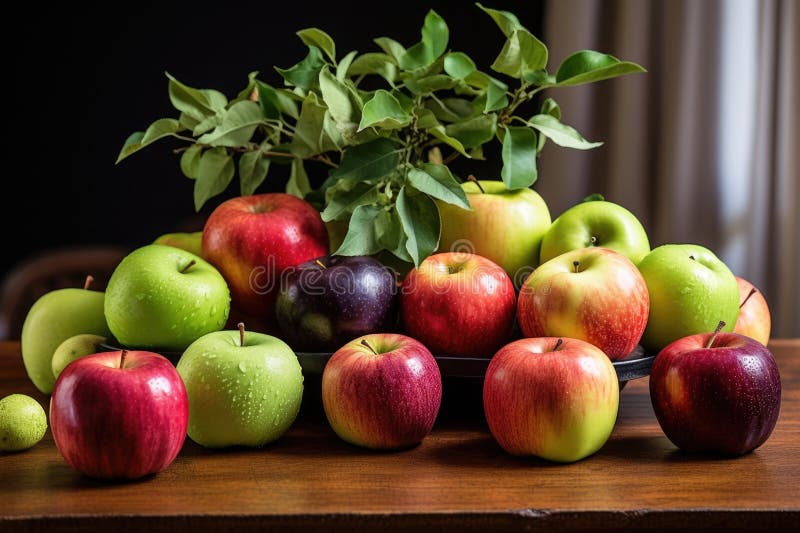 A Variety of Apples in Different Colors Displayed on a Table Stock ...