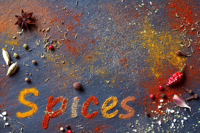 Variety Aromatic Spices in Powder on Black Stone Background, Word ...