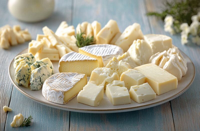 A Variety of Artisanal Cheeses Arranged on a Wooden Platter on a Rustic ...